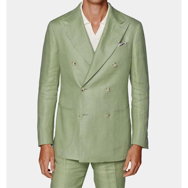 Ceehuteey Linen Fashion Double Breasted Peak lapel for Men Solid